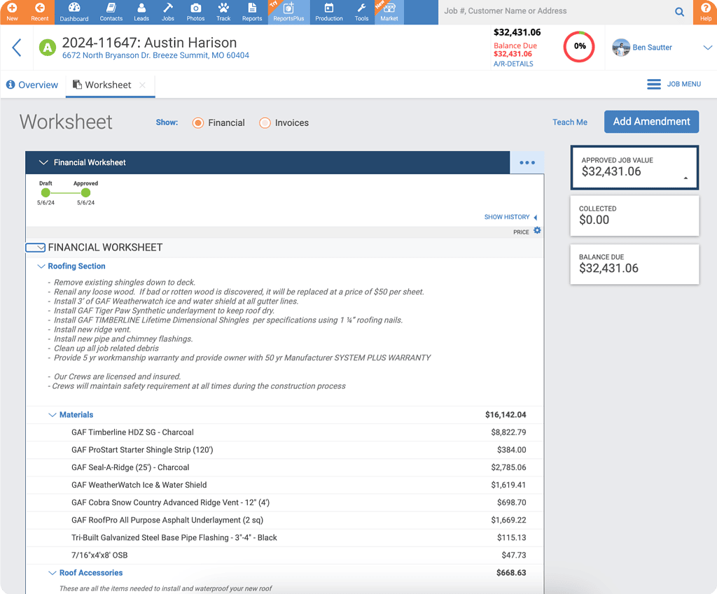 AccuLynx Guide to Financial Worksheets